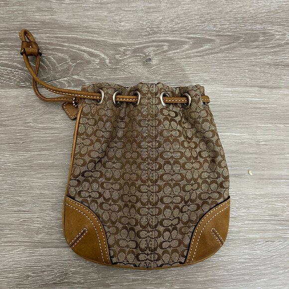 Coach | Bags | Coach Bean Drawstring Wristlet Brown Canvas Signature C ...